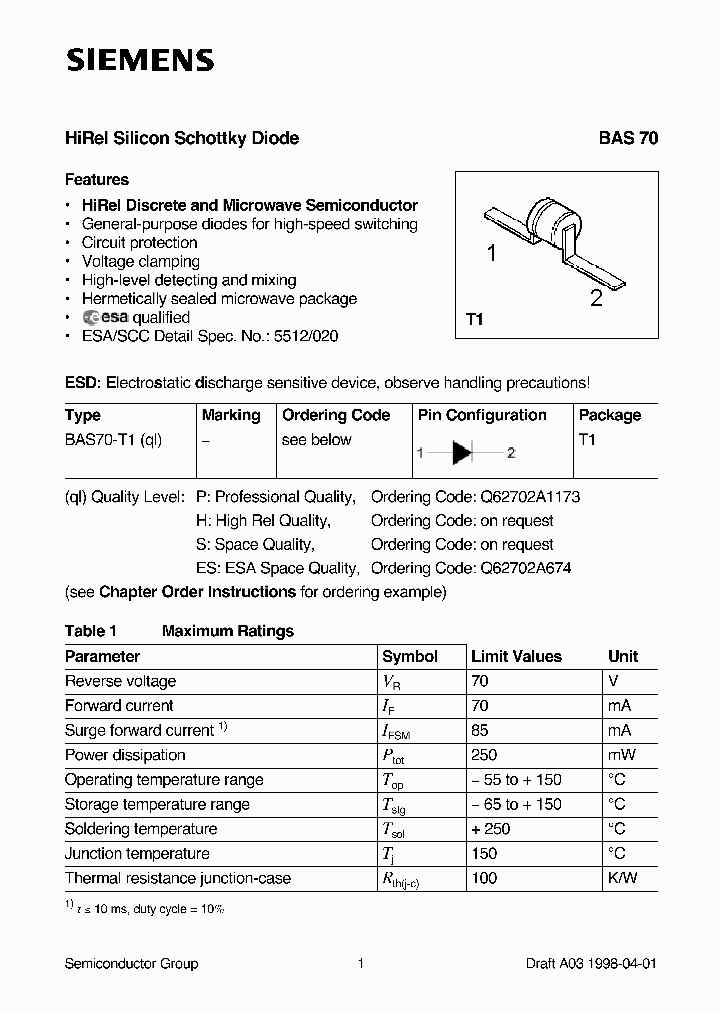 BAS70-T1_108149.PDF Datasheet Download --- IC-ON-LINE