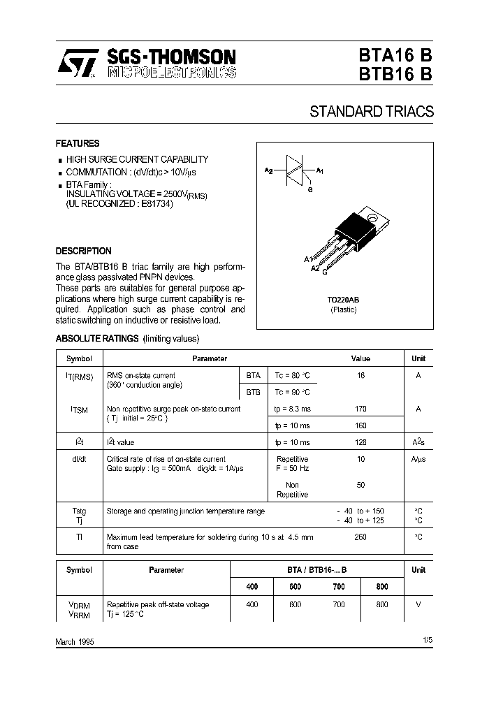 BTB16-400B_124158.PDF Datasheet Download --- IC-ON-LINE