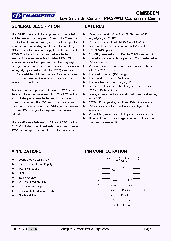 CM6800_186291.PDF Datasheet Download --- IC-ON-LINE