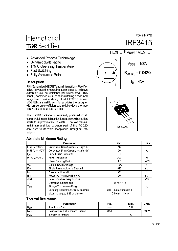 IRF3415_5836.PDF Datasheet Download --- IC-ON-LINE