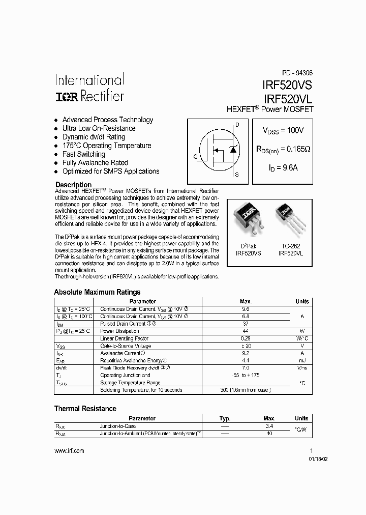 IRF520VL_148374.PDF Datasheet Download --- IC-ON-LINE