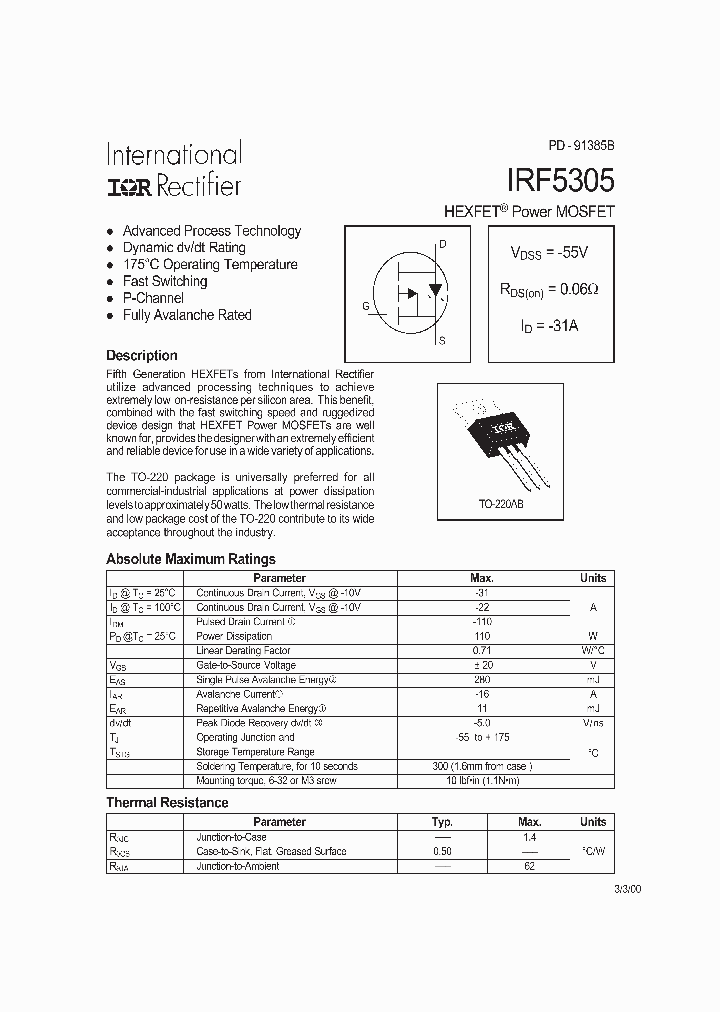 IRF5305_4962.PDF Datasheet Download --- IC-ON-LINE