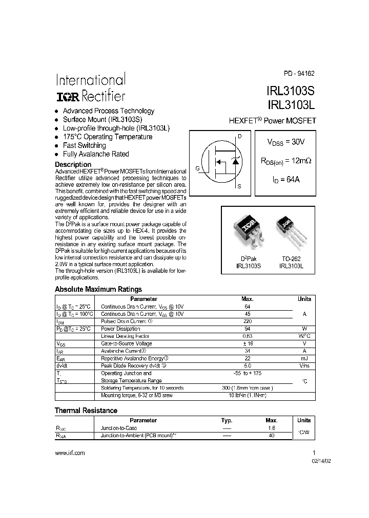 IRL3103L_194914.PDF Datasheet Download --- IC-ON-LINE