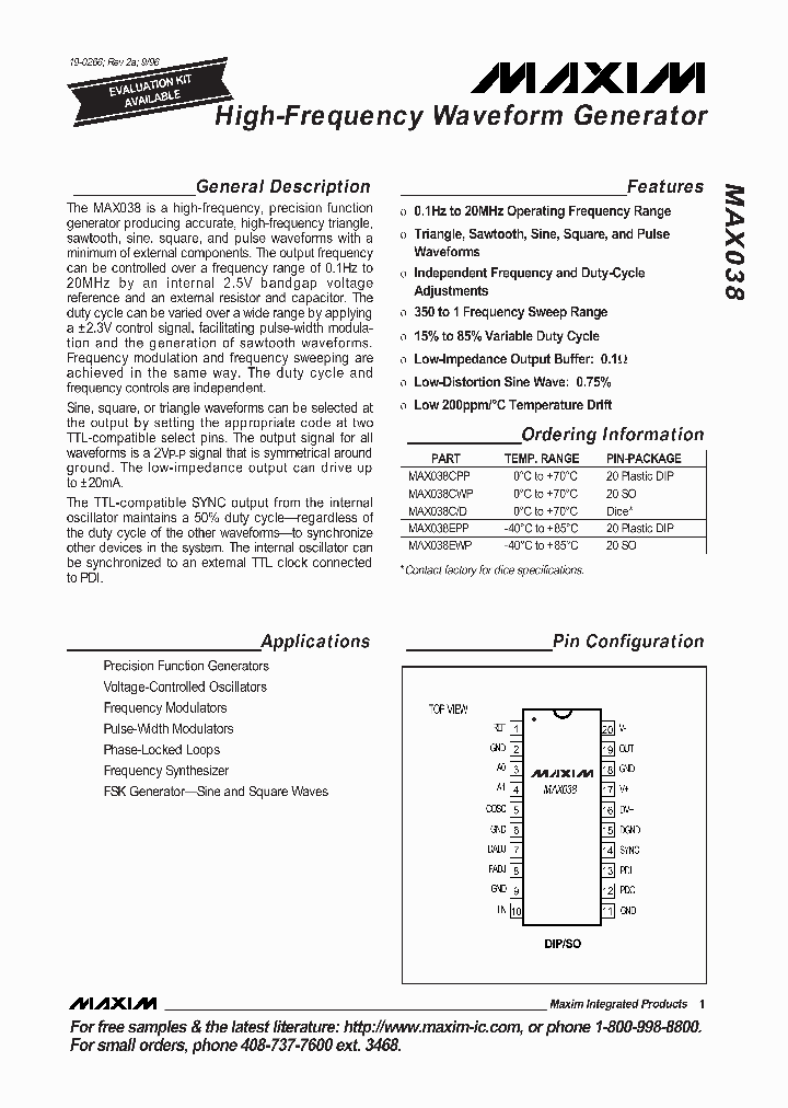 MAX038_146587.PDF Datasheet Download --- IC-ON-LINE
