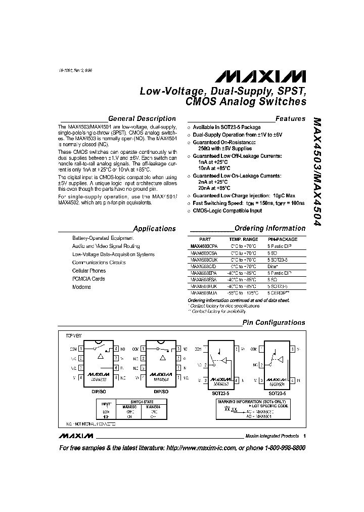 MAX4503_190941.PDF Datasheet Download --- IC-ON-LINE