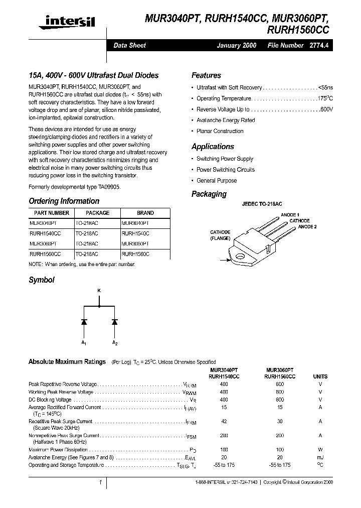 MUR3040PT_180607.PDF Datasheet Download --- IC-ON-LINE