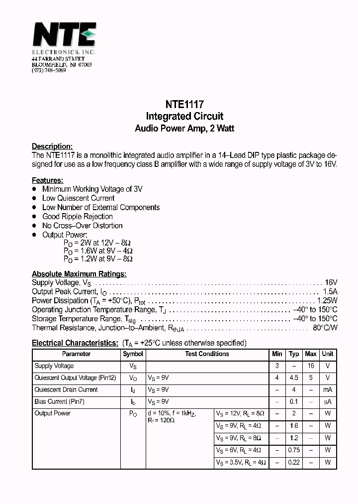 NTE1117_69678.PDF Datasheet Download --- IC-ON-LINE