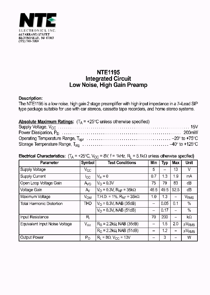 NTE1195_69698.PDF Datasheet Download --- IC-ON-LINE