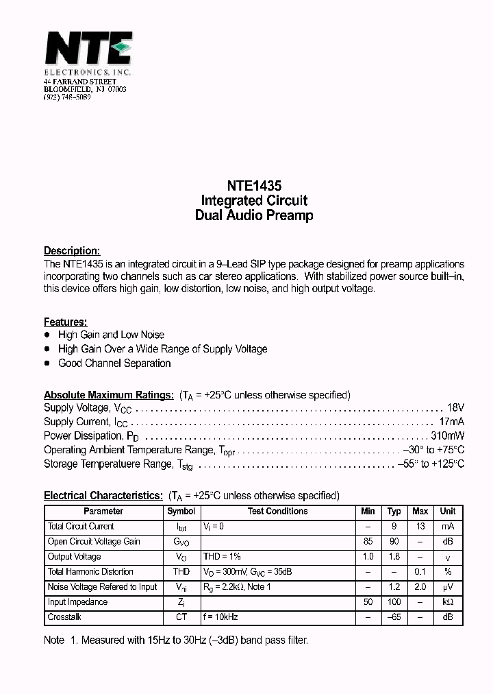 NTE1435_69722.PDF Datasheet Download --- IC-ON-LINE