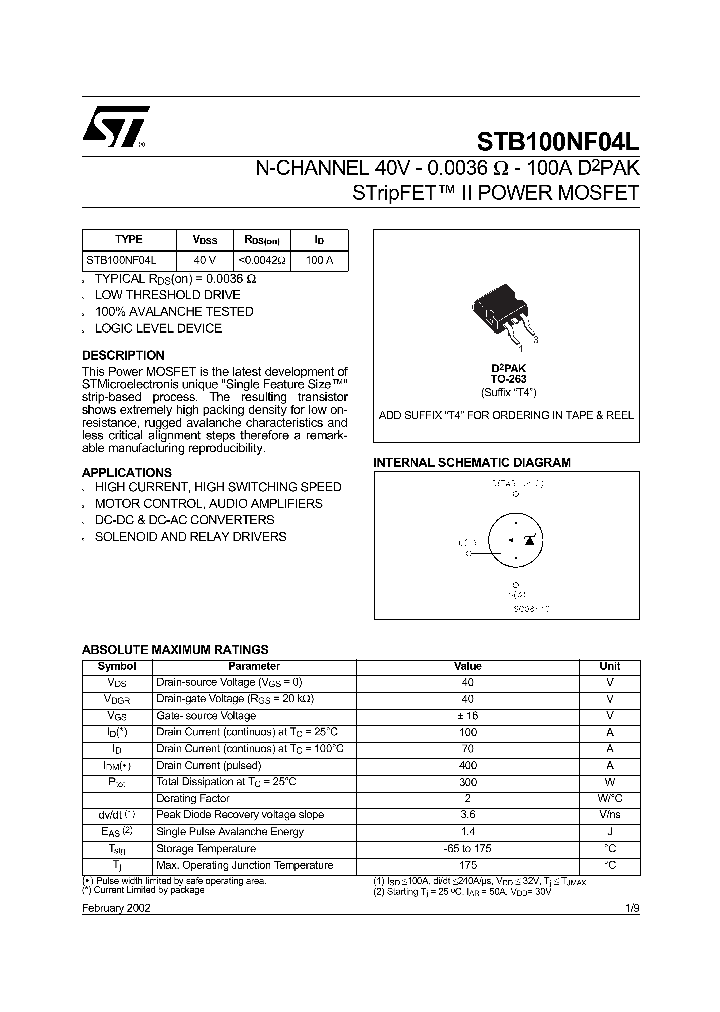 STB100NF04L_172395.PDF Datasheet Download --- IC-ON-LINE
