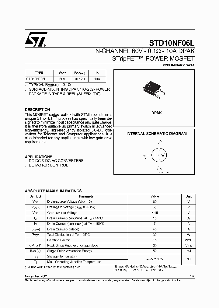 STD10NF06L_70585.PDF Datasheet Download --- IC-ON-LINE