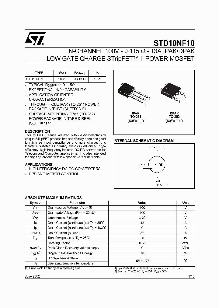 STD10NF10_70586.PDF Datasheet Download --- IC-ON-LINE