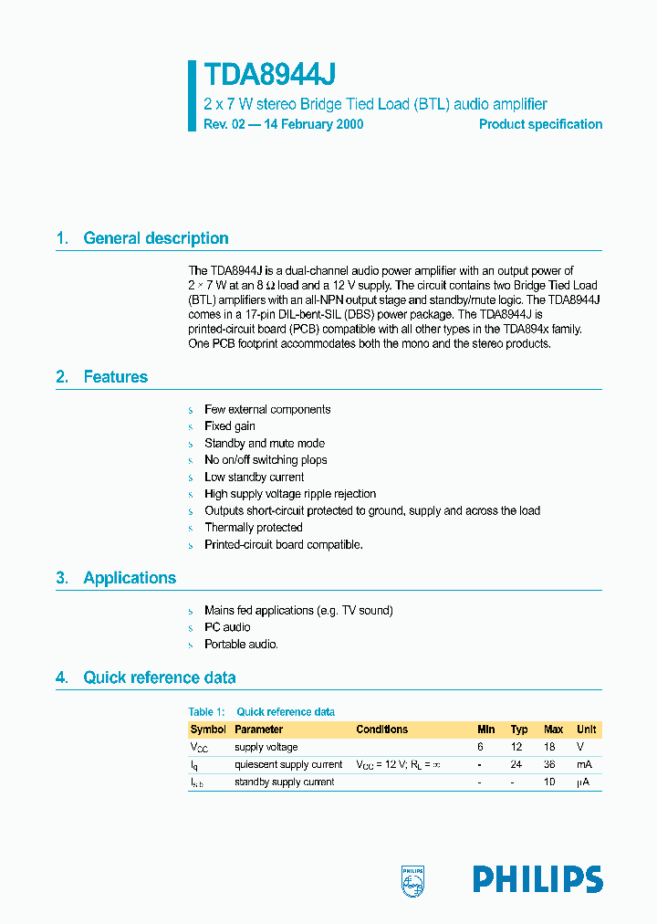 TDA8944_182822.PDF Datasheet Download --- IC-ON-LINE