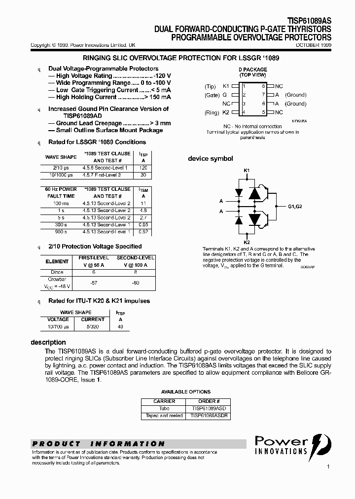 TISP61089AS_134353.PDF Datasheet Download --- IC-ON-LINE