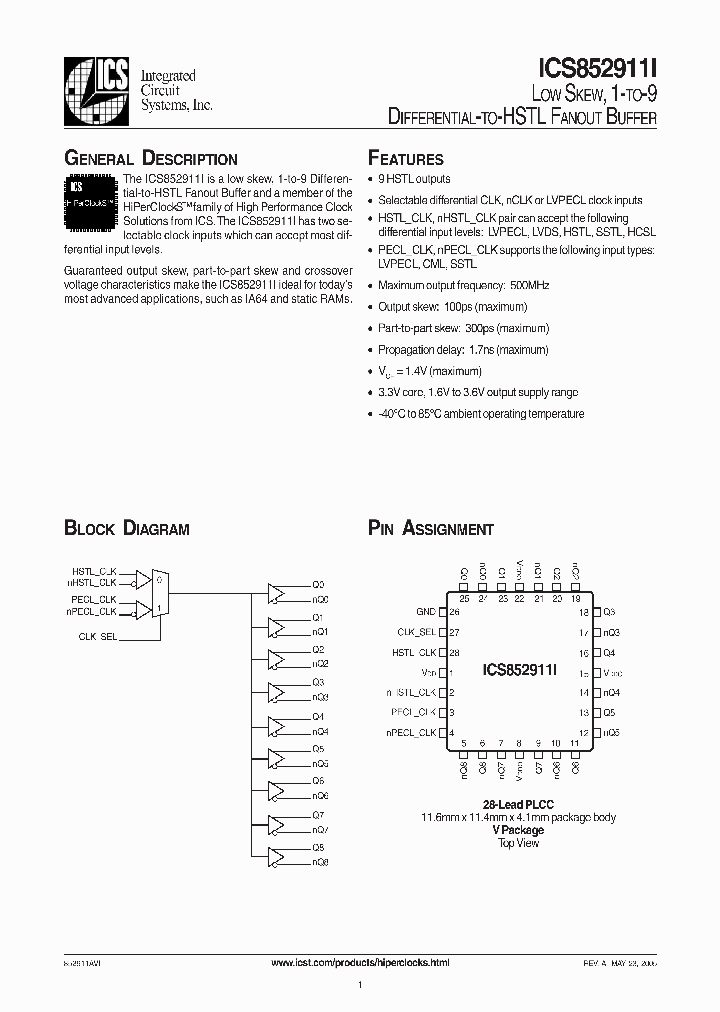 ICS852911I_284871.PDF Datasheet Download --- IC-ON-LINE