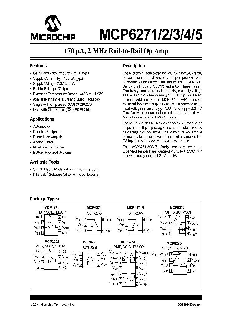 MCP6271_252651.PDF Datasheet Download --- IC-ON-LINE