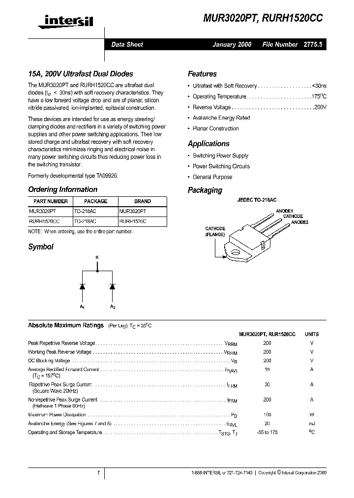 MUR3020PT_289594.PDF Datasheet Download --- IC-ON-LINE