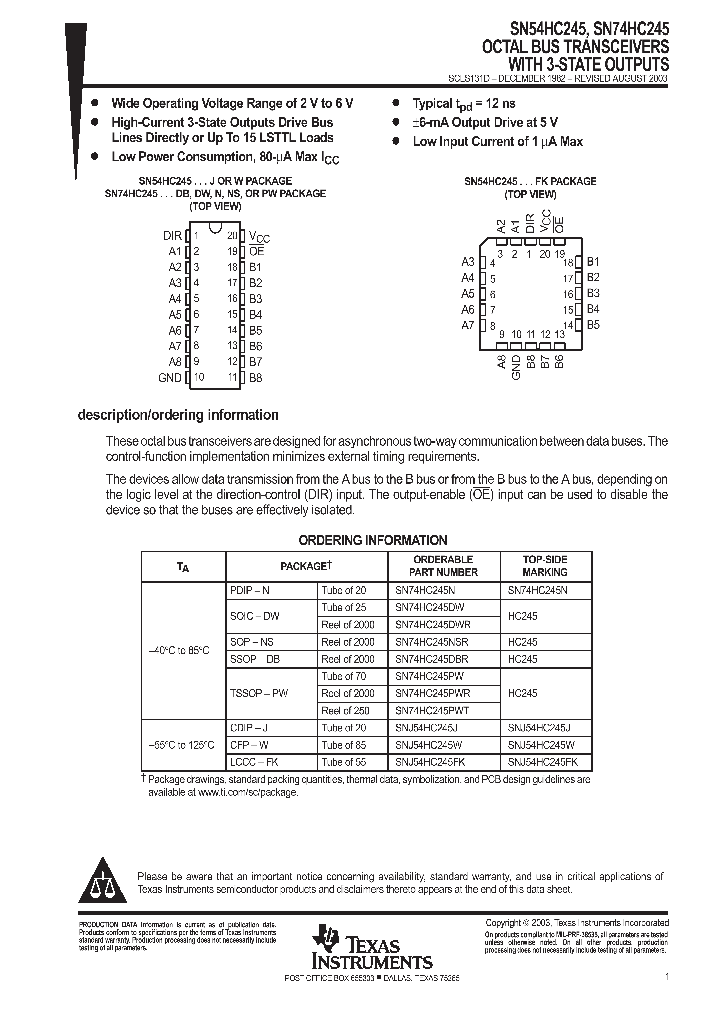 SN74HC245N_279074.PDF Datasheet Download --- IC-ON-LINE