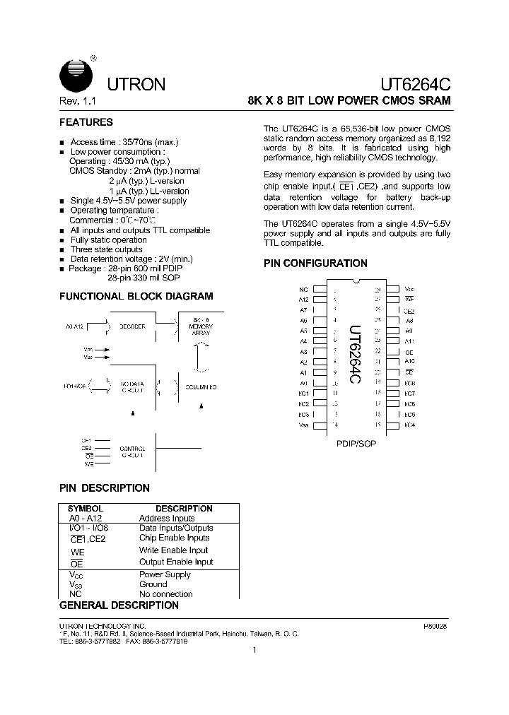 UT6264CPC-_194239.PDF Datasheet Download --- IC-ON-LINE