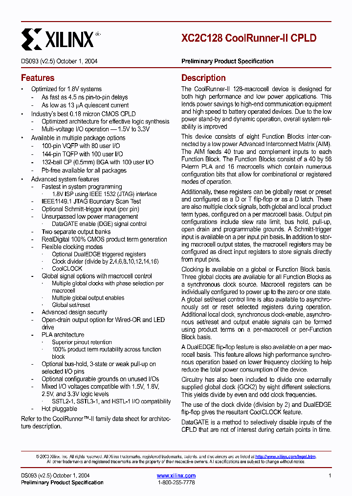 XC2C128_291951.PDF Datasheet Download --- IC-ON-LINE