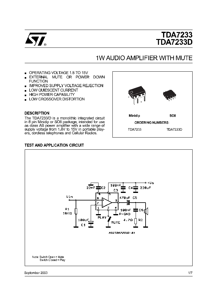 TDA7233_250946.PDF Datasheet Download --- IC-ON-LINE