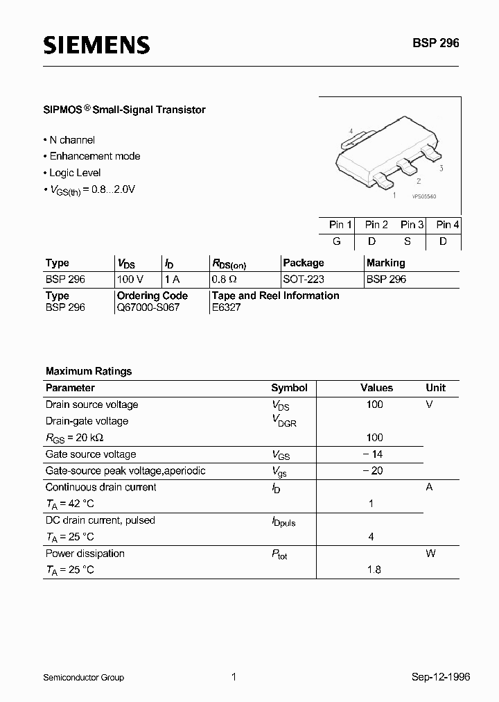 BSP296_212280.PDF Datasheet Download --- IC-ON-LINE