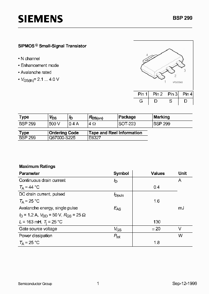 BSP299_232680.PDF Datasheet Download --- IC-ON-LINE