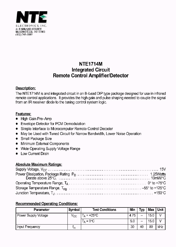 NTE1714M_212588.PDF Datasheet Download --- IC-ON-LINE