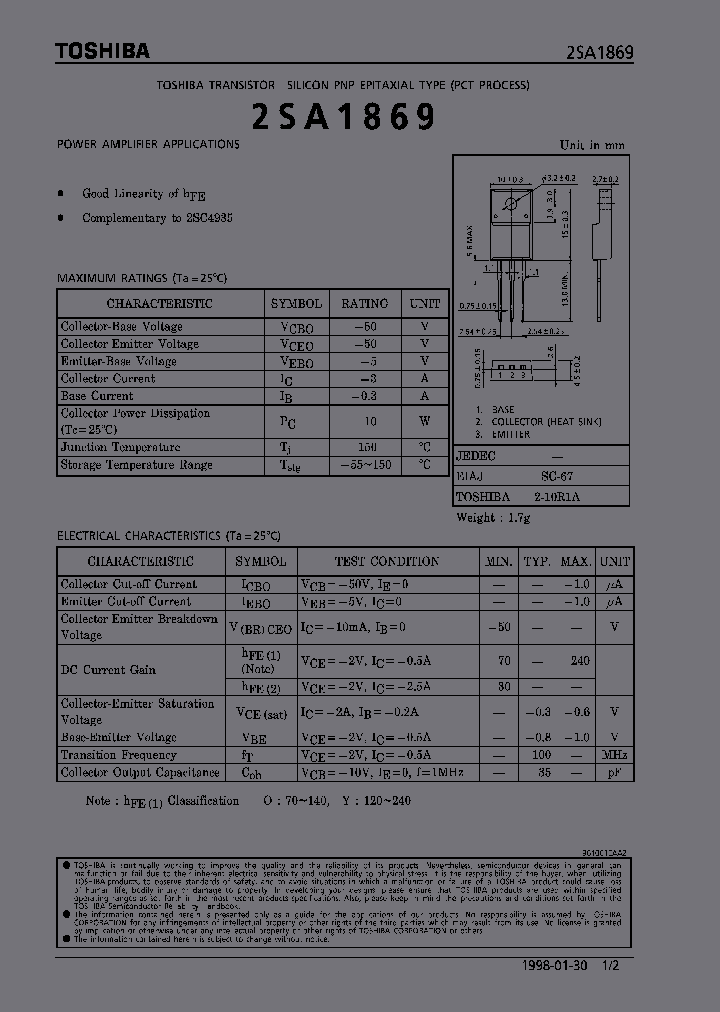 2SA1869_196710.PDF Datasheet Download --- IC-ON-LINE