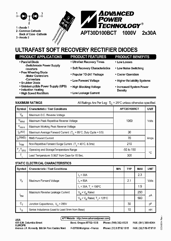 APT30D100BCT_355600.PDF Datasheet Download --- IC-ON-LINE