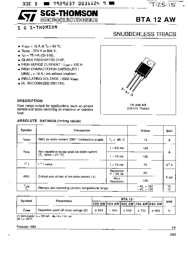 BTA12AW_344019.PDF Datasheet Download --- IC-ON-LINE