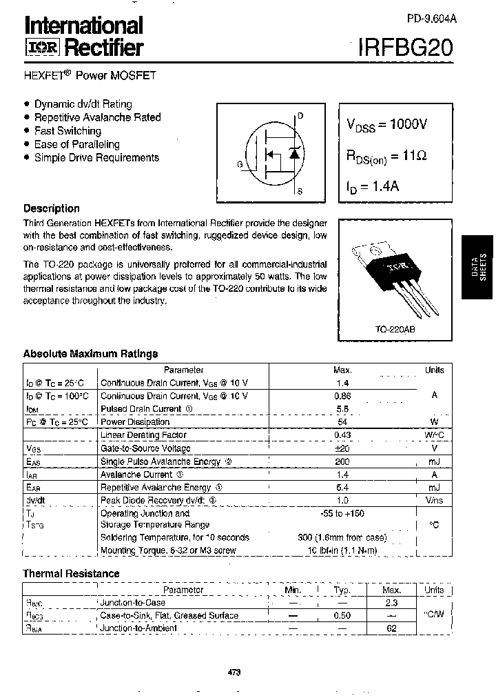 IRFBG20_201061.PDF Datasheet Download --- IC-ON-LINE