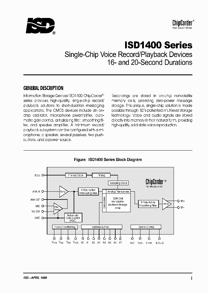 ISD1420PI_198586.PDF Datasheet Download --- IC-ON-LINE