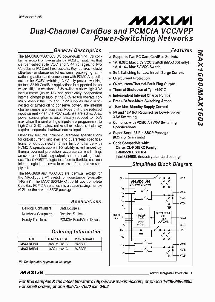 MAX1600_243188.PDF Datasheet Download --- IC-ON-LINE
