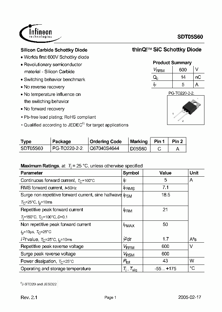 SDT05S60_371205.PDF Datasheet Download --- IC-ON-LINE