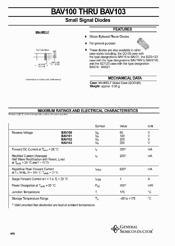BAV103_410588.PDF Datasheet Download --- IC-ON-LINE