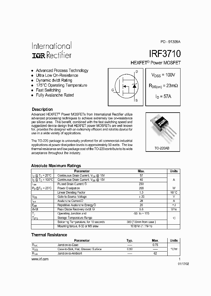 IRF3710_5866.PDF Datasheet Download --- IC-ON-LINE