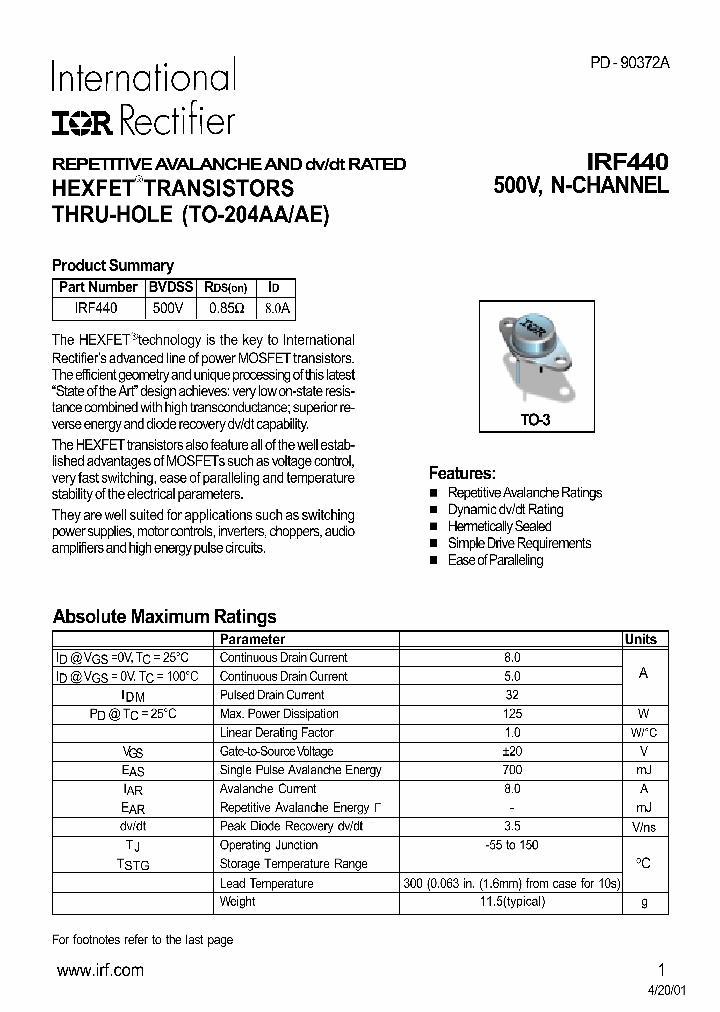 IRF440_426821.PDF Datasheet Download --- IC-ON-LINE