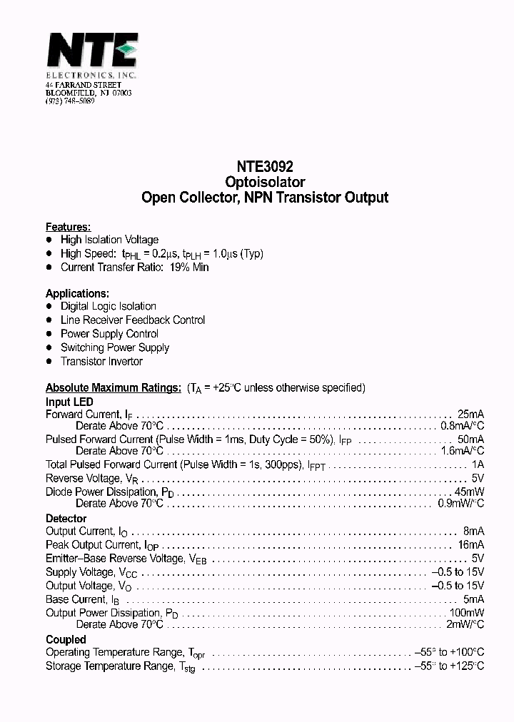 NTE3092_387608.PDF Datasheet Download --- IC-ON-LINE