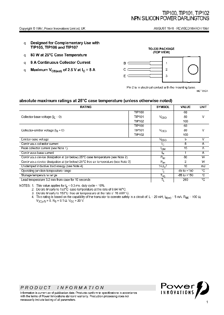 TIP100_431101.PDF Datasheet Download --- IC-ON-LINE