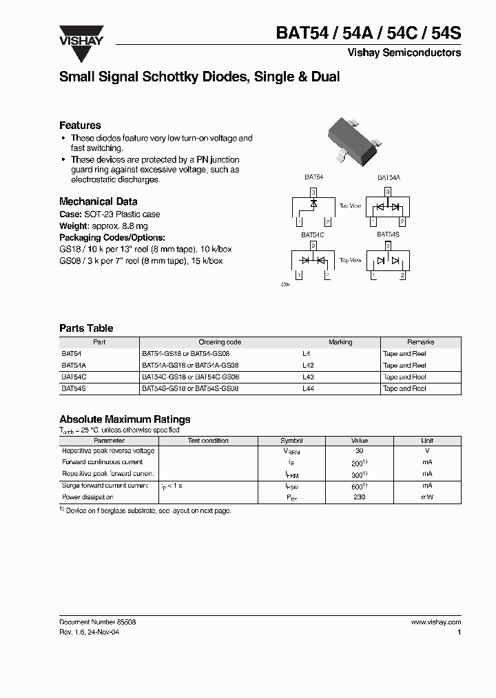 BAT54_433968.PDF Datasheet Download --- IC-ON-LINE
