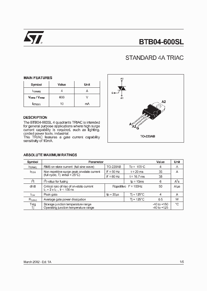 BTB04-600SL_474140.PDF Datasheet Download --- IC-ON-LINE