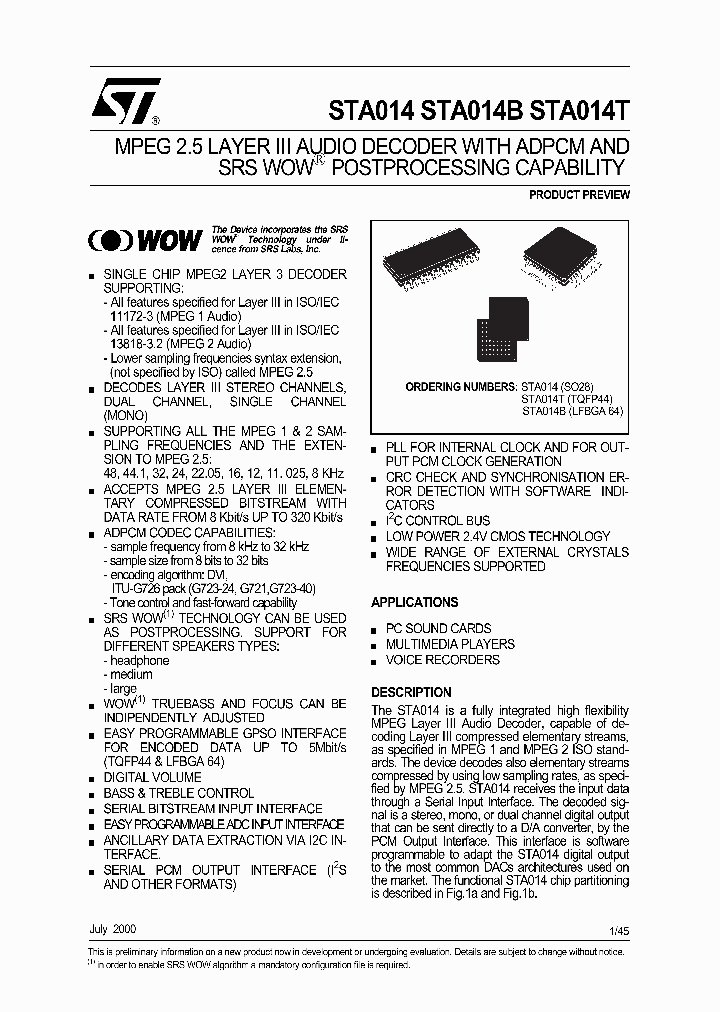 STA014_443389.PDF Datasheet Download --- IC-ON-LINE