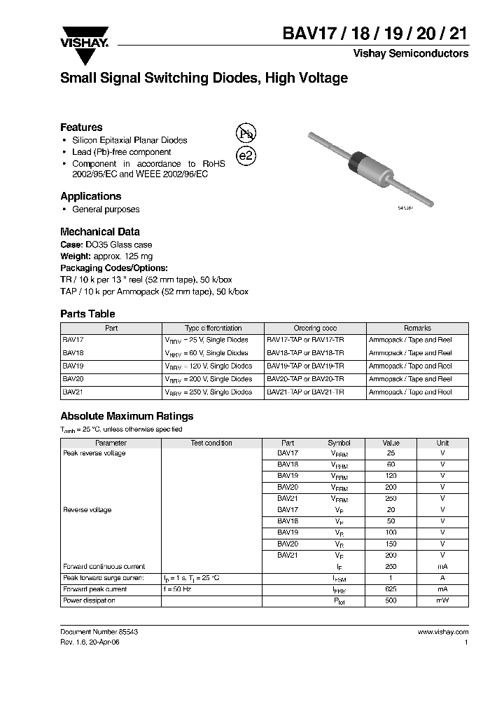 BAV20_525655.PDF Datasheet Download --- IC-ON-LINE