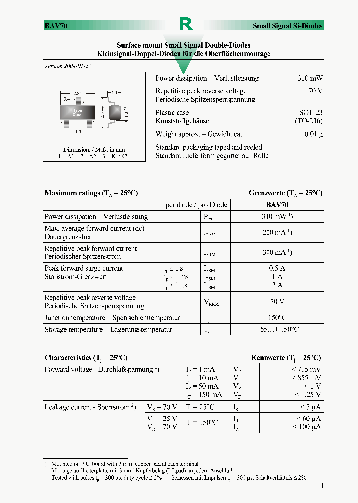BAV70_546396.PDF Datasheet Download --- IC-ON-LINE