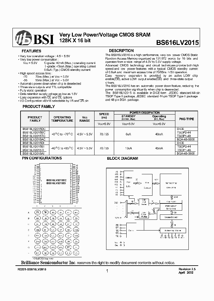BS616LV2015_559075.PDF Datasheet Download --- IC-ON-LINE