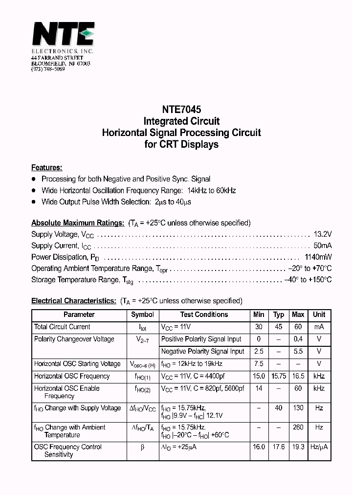 NTE7045_761816.PDF Datasheet Download --- IC-ON-LINE