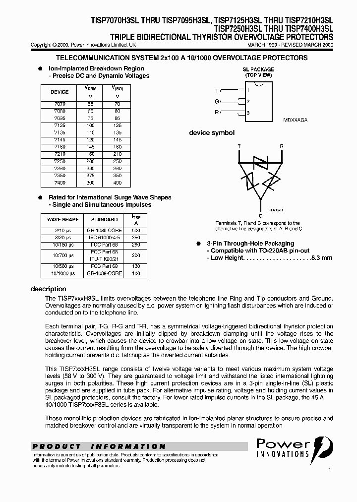 TISP7125H3SL_26960.PDF Datasheet Download --- IC-ON-LINE