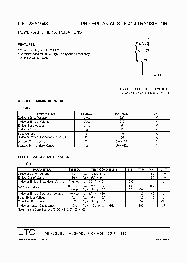 2SA1943_1022262.PDF Datasheet Download --- IC-ON-LINE