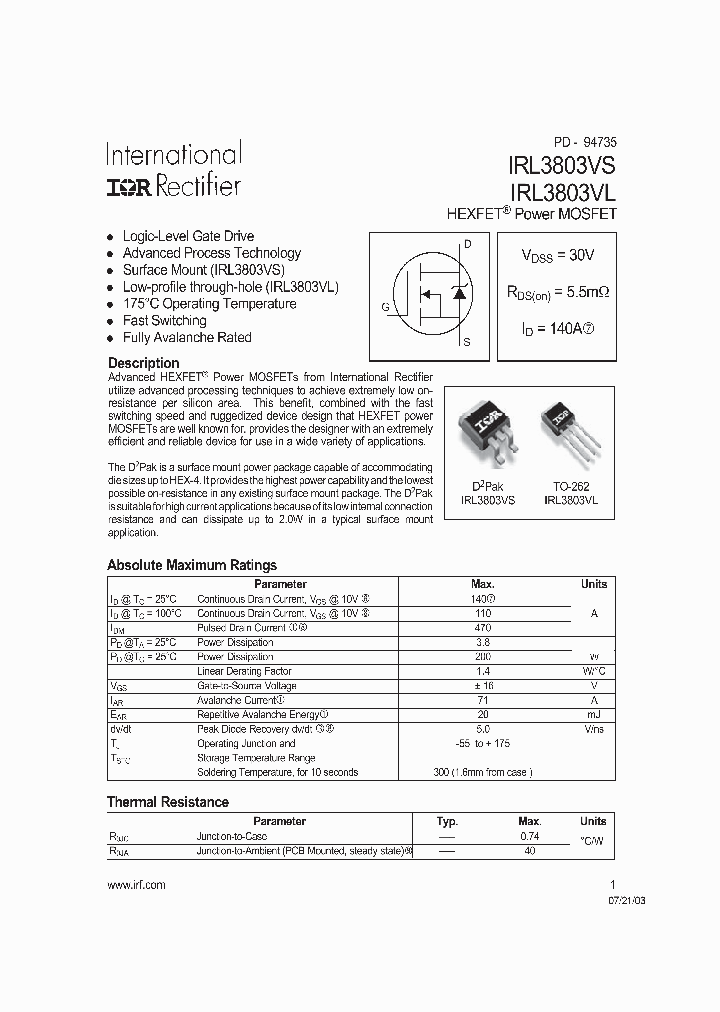 Irl3803vl 741315 Pdf Datasheet Download Ic On Line